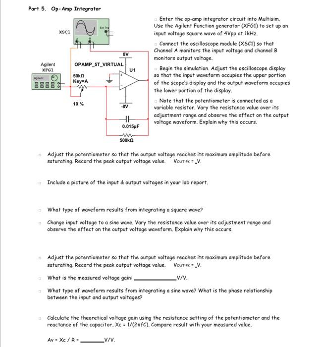 Part 5. Op-Amp Integrator Enter the op-amp integrator | Chegg.com