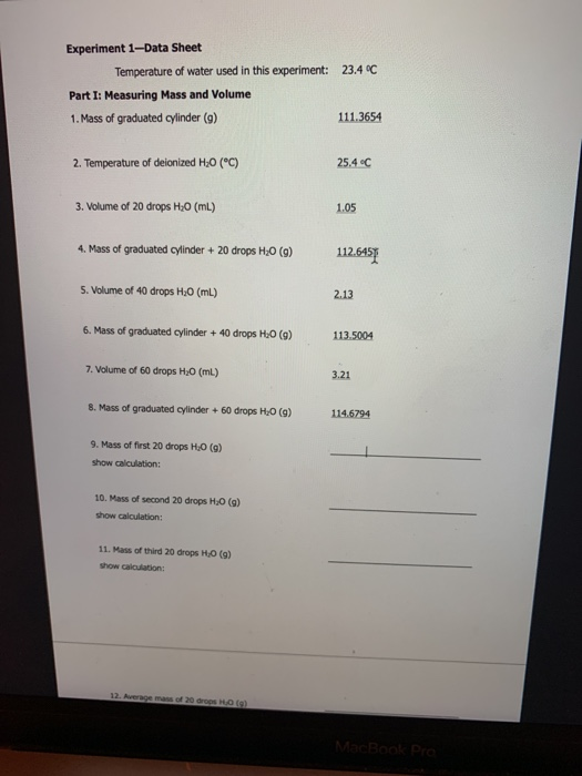 Solved Experiment 1-Data Sheet Temperature of water used in | Chegg.com