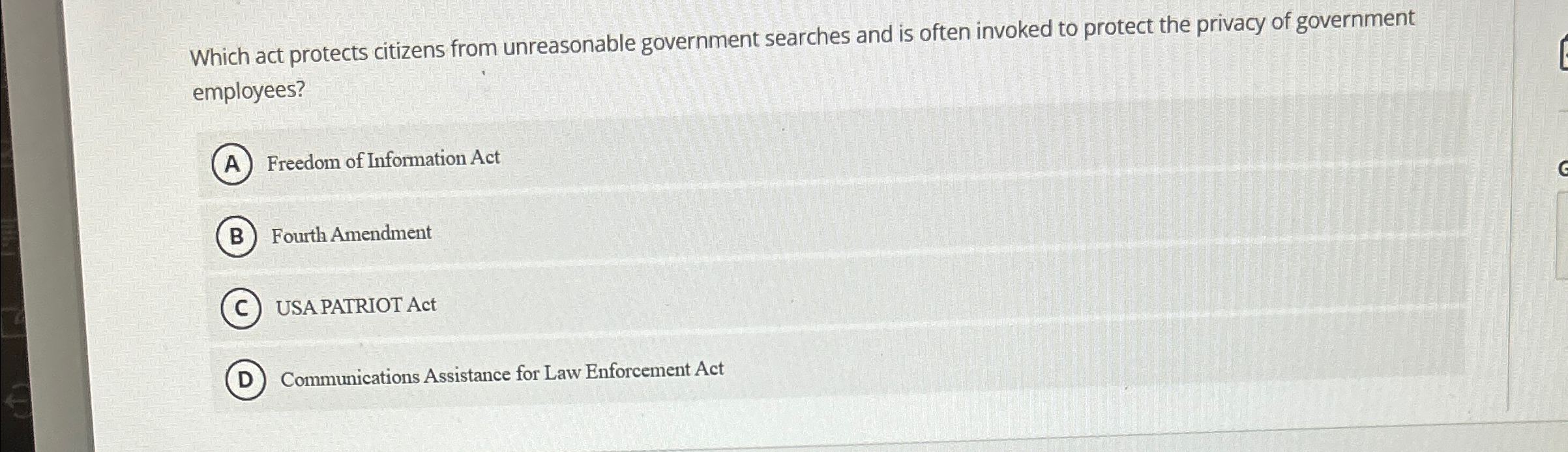 Solved Which act protects citizens from unreasonable | Chegg.com