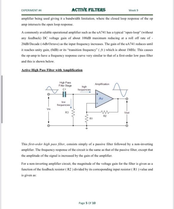 Solved EXPERIMENT #4 ACTIVE FILTERS Week 9 Active Filters | Chegg.com