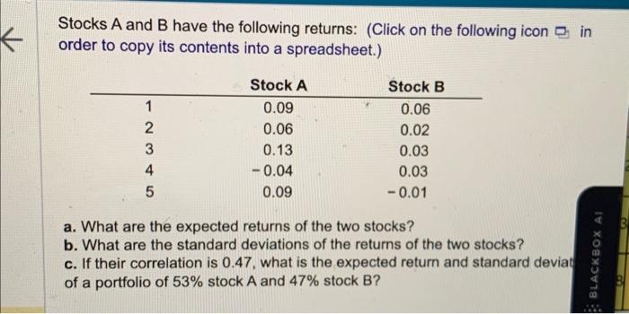 Solved Stocks A and B have the following returns: (Click on | Chegg.com