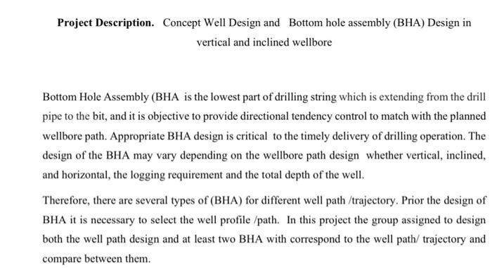 Project Description. Concept Well Design and Bottom | Chegg.com