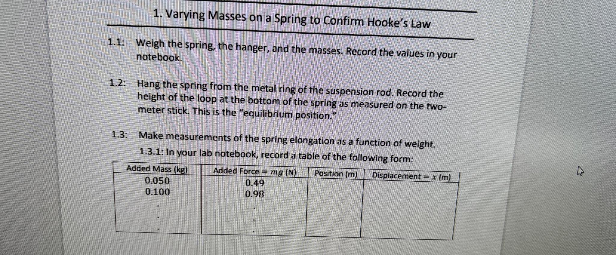 Varying Masses on a Spring to Confirm Hooke's Law1.1: | Chegg.com