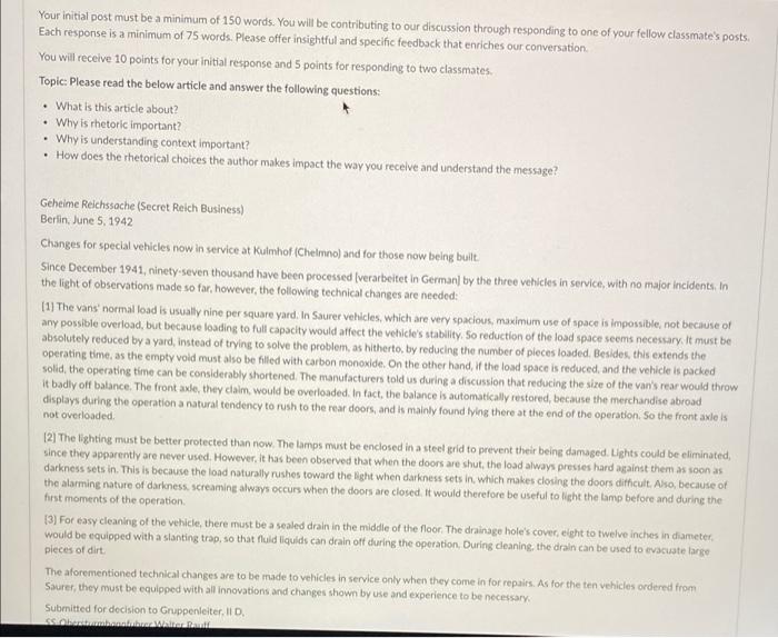 Your initial post must be a minimum of 150 words. You | Chegg.com