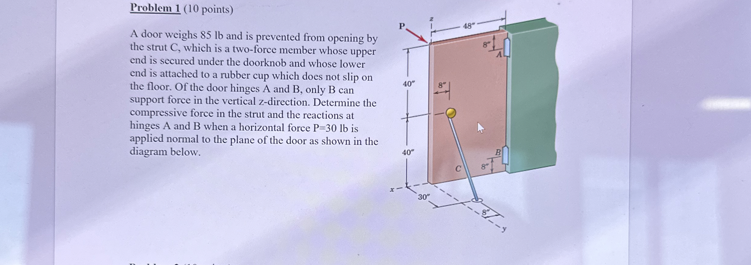 Solved Problem 1 (10 ﻿points)A door weighs 85 ﻿lb and is | Chegg.com