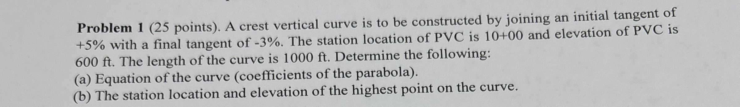 Solved Problem 1 ( 25 ﻿points). ﻿A crest vertical curve is | Chegg.com