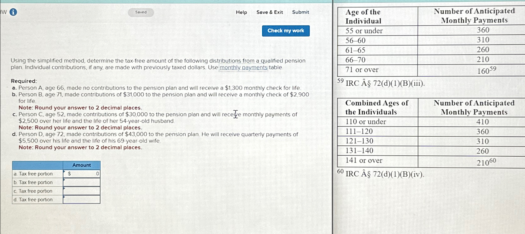 Solved Using the simplified method, determine the tax-free | Chegg.com