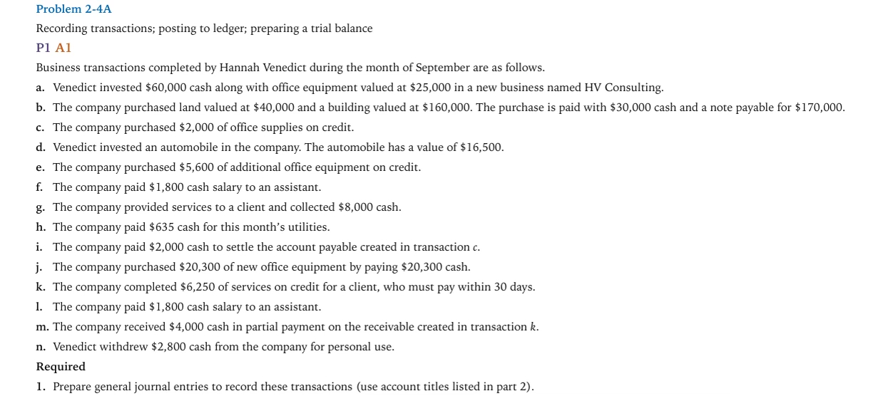 Solved Problem 2-4ARecording transactions; posting to | Chegg.com