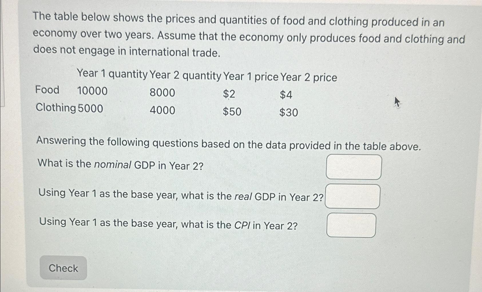 Solved The table below shows the prices and quantities of | Chegg.com