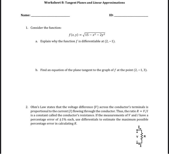 Solved Worksheet 8: Tangent Planes and Linear Approximations | Chegg.com