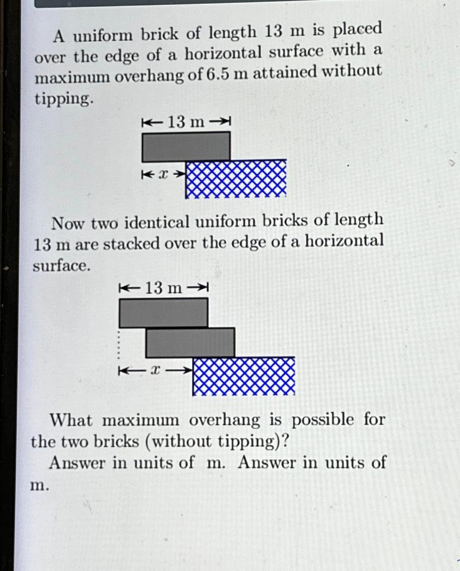 Solved A uniform brick of length 13m ﻿is placed over the | Chegg.com