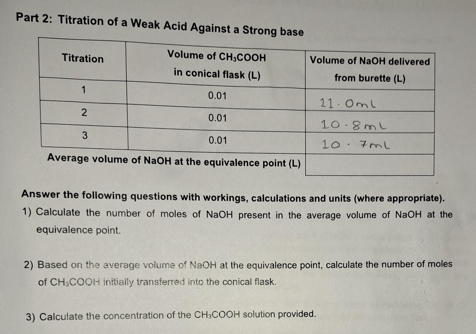 Solved Part 2: Titration of a Weak Acid Against a Strong | Chegg.com