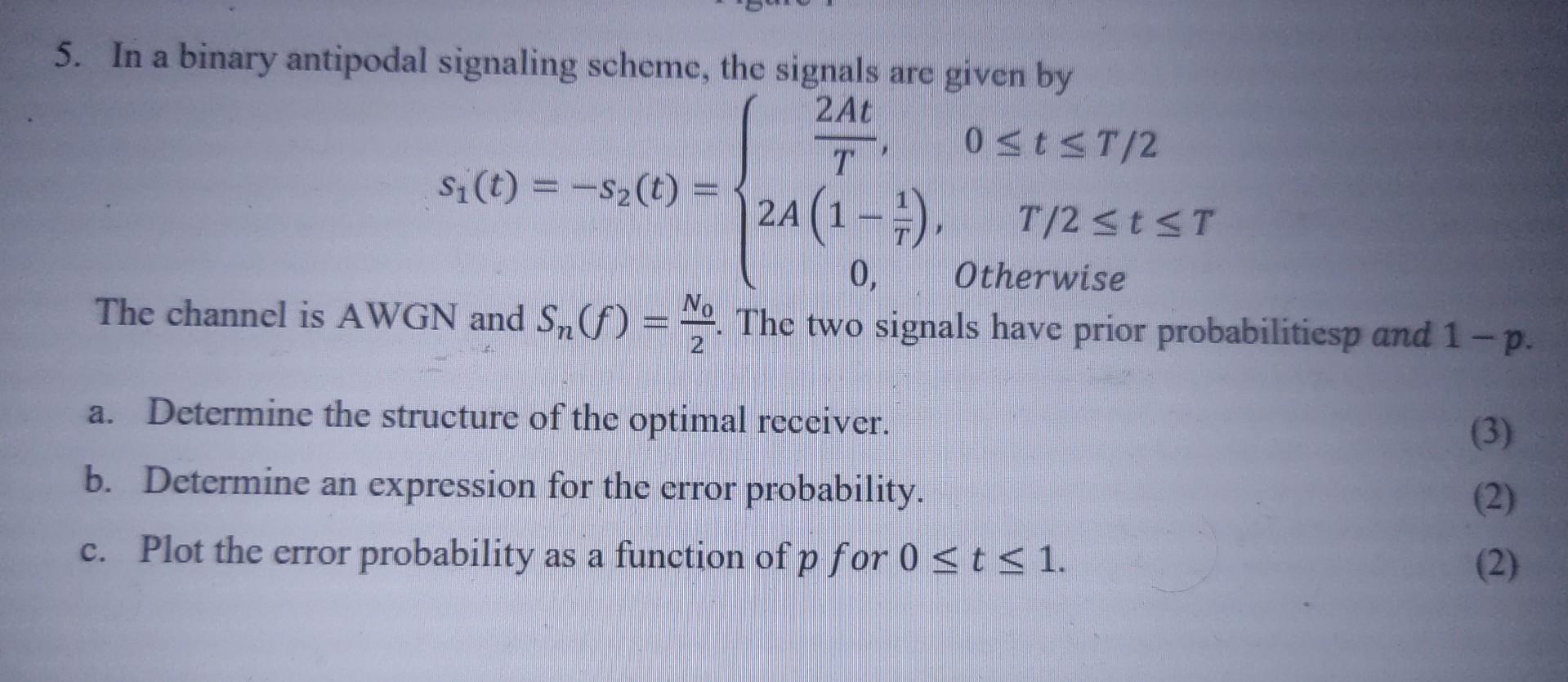 5. In a binary antipodal signaling scheme, the | Chegg.com
