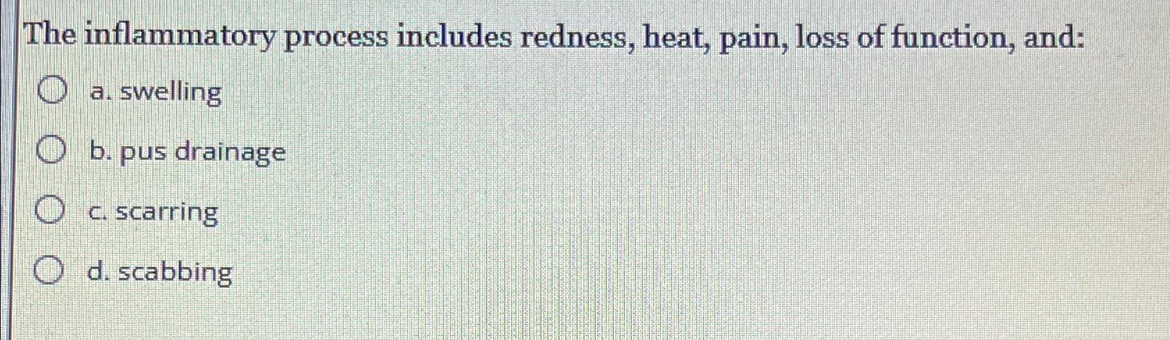 Solved The inflammatory process includes redness, heat, | Chegg.com