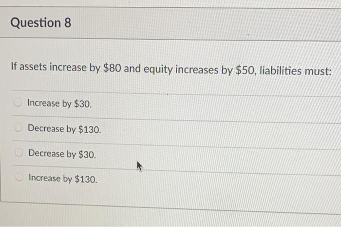 Solved Question 8 If assets increase by $80 and equity | Chegg.com