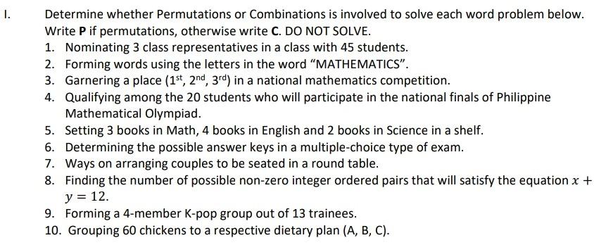 Solved I. Determine whether Permutations or Combinations is | Chegg.com