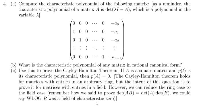 Solved (a) Compute the characteristic polynomial of the | Chegg.com