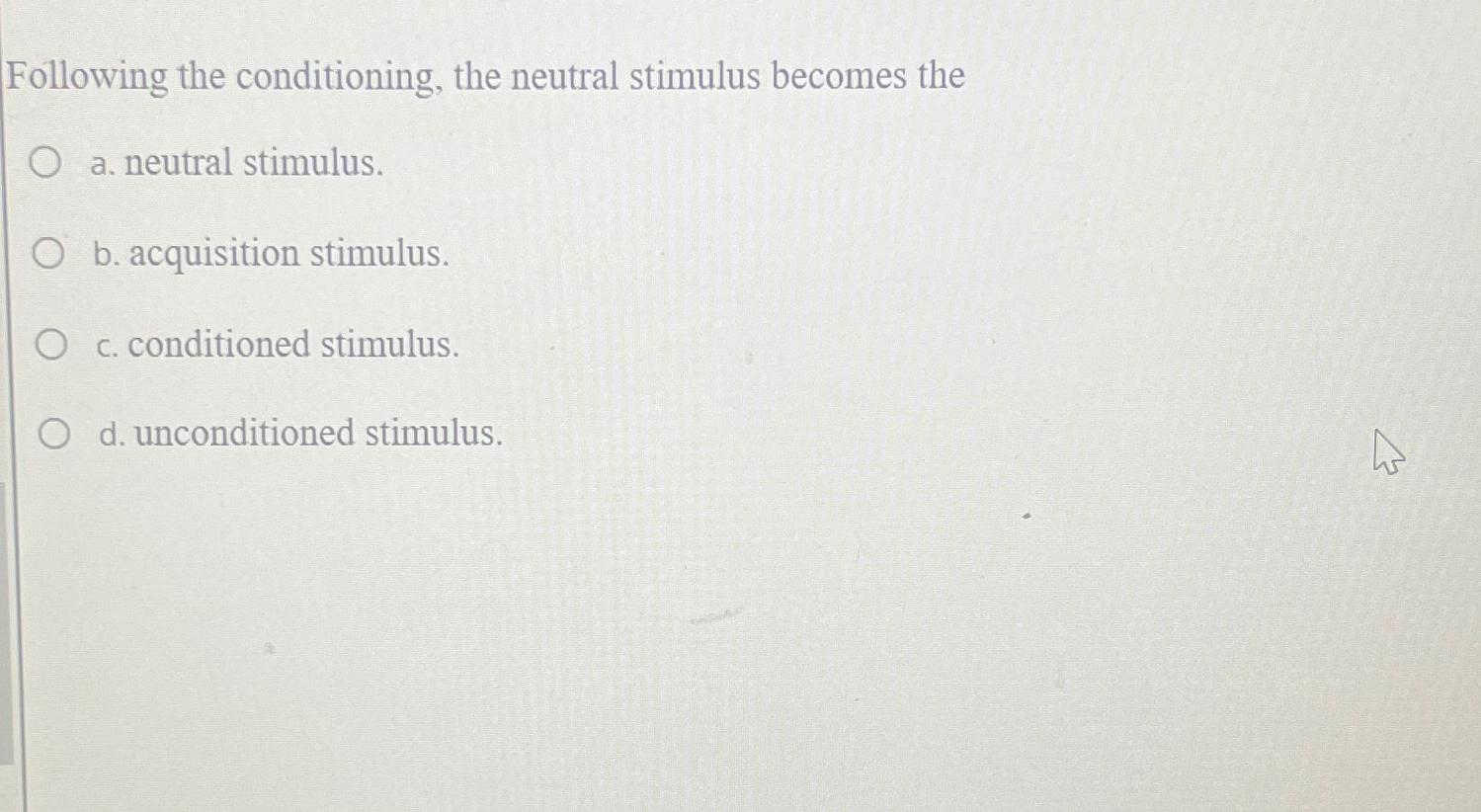 Solved Following the conditioning, the neutral stimulus | Chegg.com