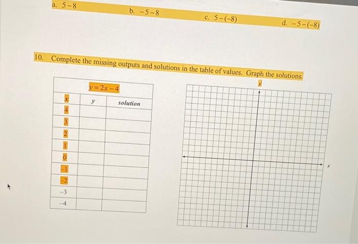 Solved a. 5-8 b. -5-8 c. 5-(-8) d. -5-(-8) 10. Complete the | Chegg.com