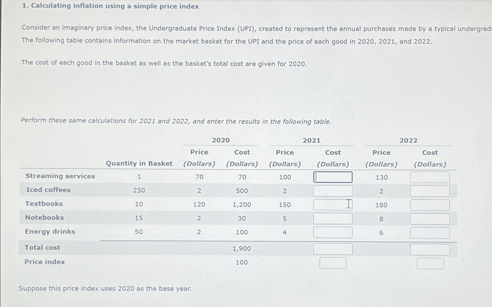 Solved Calculating inflation using a simple price | Chegg.com