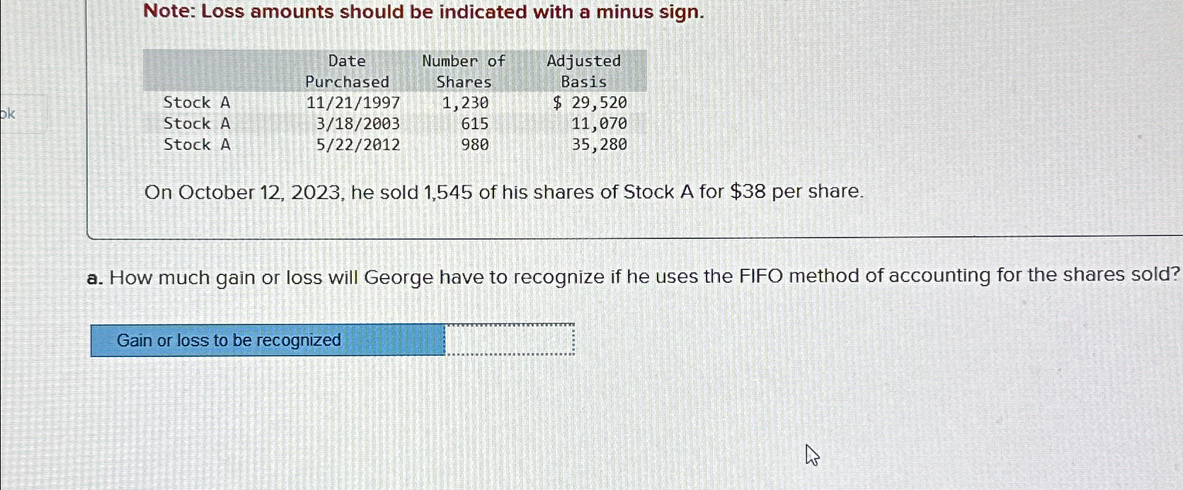 Solved Note: Loss amounts should be indicated with a minus | Chegg.com
