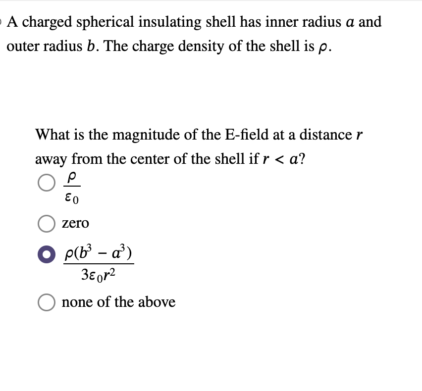 Solved A charged spherical insulating shell has inner radius | Chegg.com