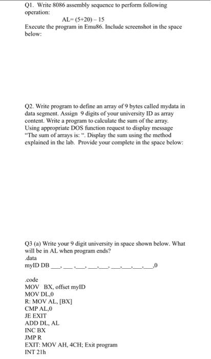 Q1. Write 8086 assembly sequence to perform following | Chegg.com