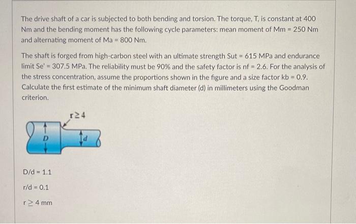 Solved The drive shaft of a car is subjected to both bending | Chegg.com