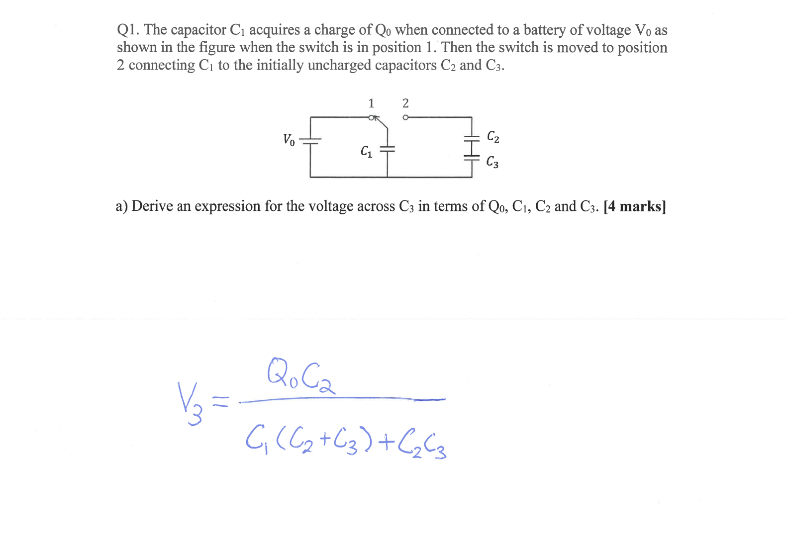 Solved Q1. ﻿The capacitor C1 ﻿acquires a charge of Q0 ﻿when | Chegg.com
