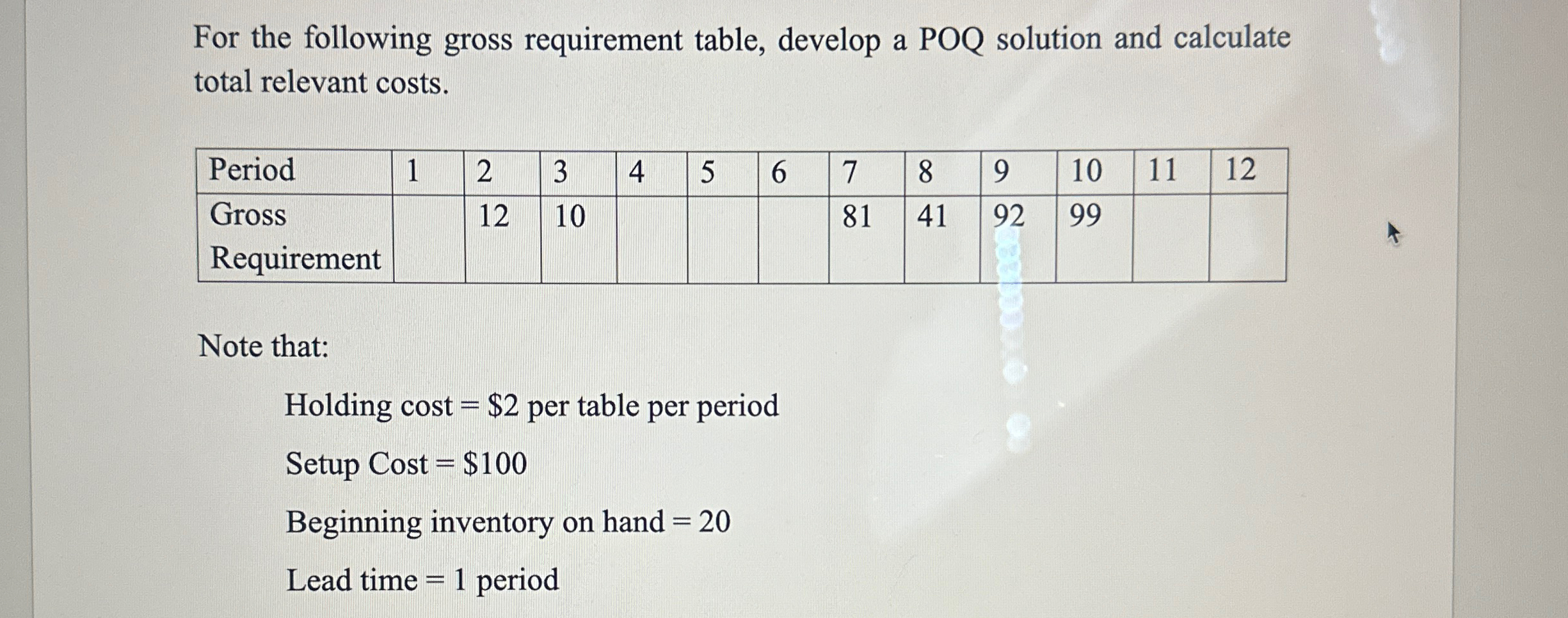 Solved For the following gross requirement table, develop a | Chegg.com