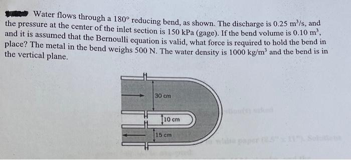Solved Water flows through a 180∘ reducing bend, as shown. | Chegg.com