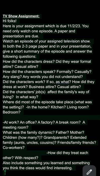 TV Show Assignment: Hi folks! Here is your assignment | Chegg.com