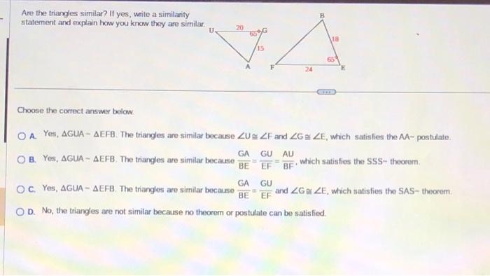 Solved Are the triangles similar? If yes, write a similarity | Chegg.com
