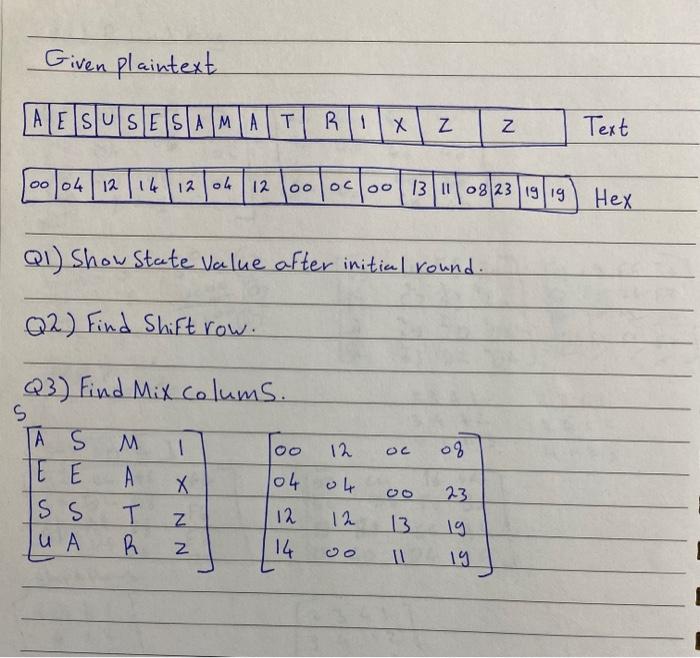 Solved Given plaintext Q1) Show State value after initial | Chegg.com