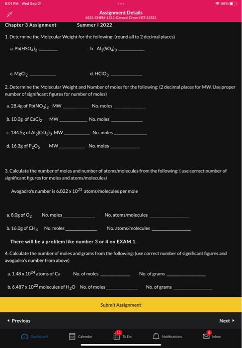 Solved 2. Determine the Molecular Weight and Number of moles | Chegg.com