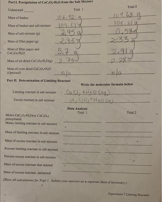 Solved Part II. Determination of Limiting Reactant Write the | Chegg.com