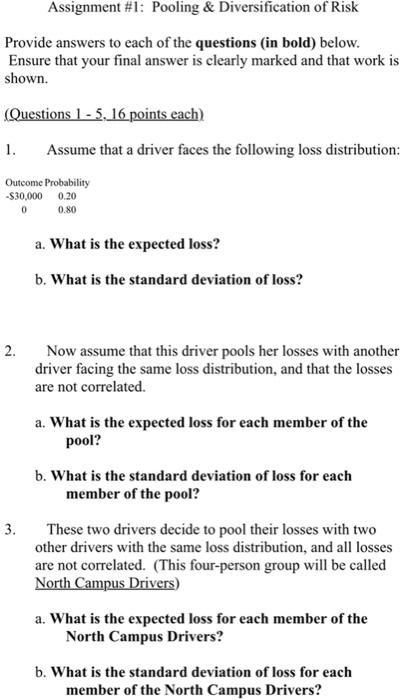 Solved Assignment #1: Pooling \& Diversification of Risk | Chegg.com