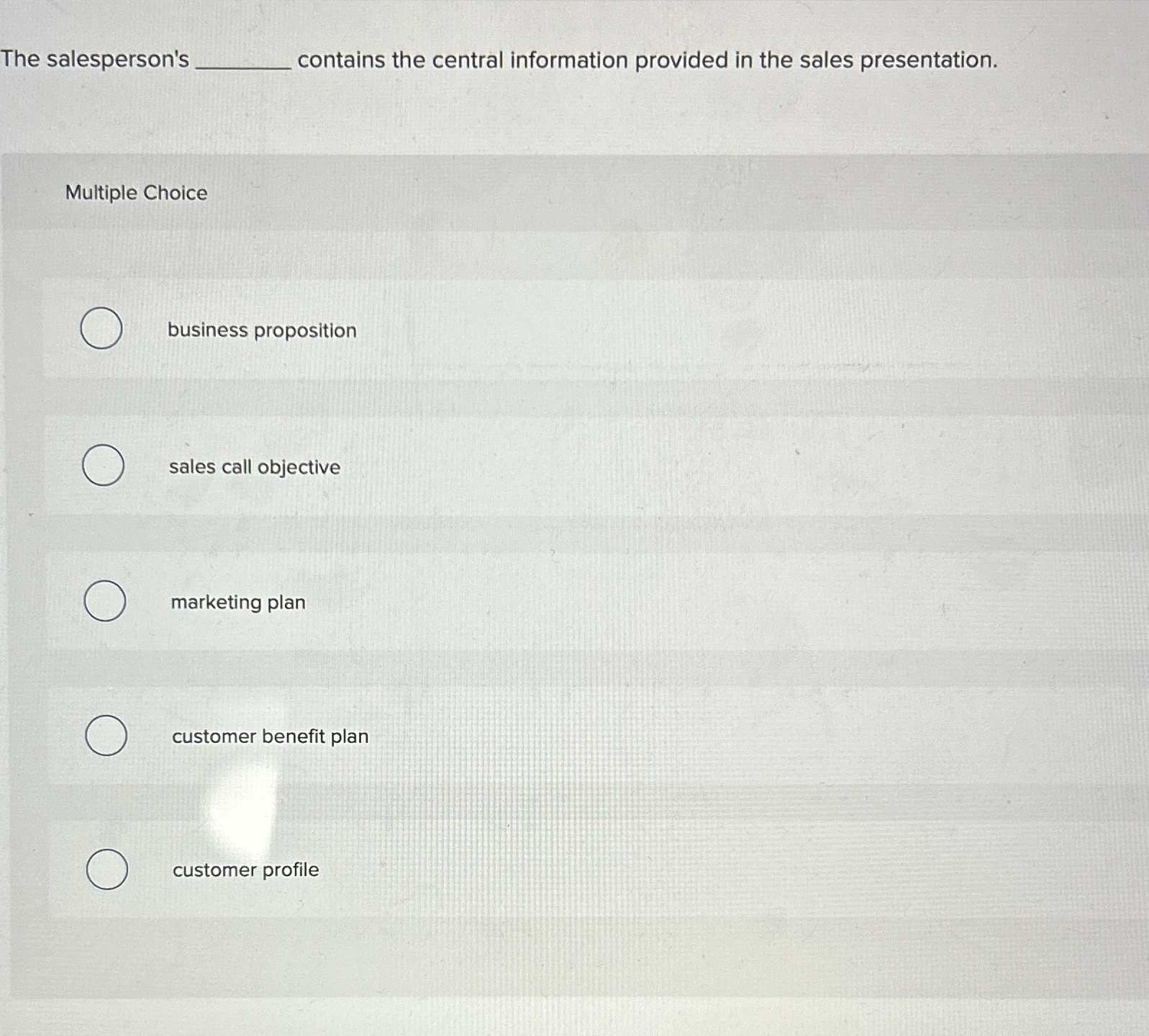 Solved The salesperson'scontains the central information | Chegg.com