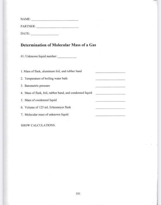 Solved Lab 14 Determination of the Molecular Mass of a Gas | Chegg.com