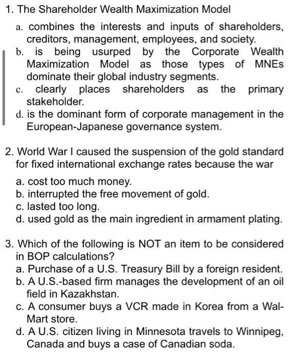 Solved 1. The Shareholder Wealth Maximization Model a. | Chegg.com