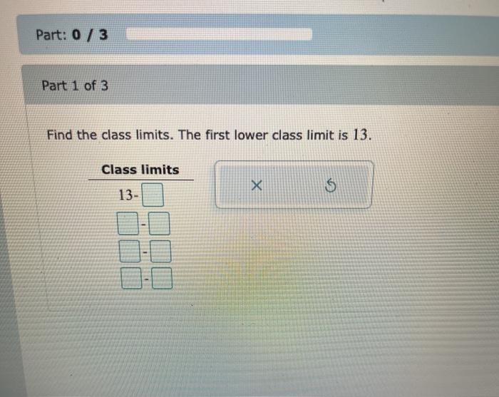 Solved Part: 0/3 Part 1 of 3 Find the class limits. The | Chegg.com