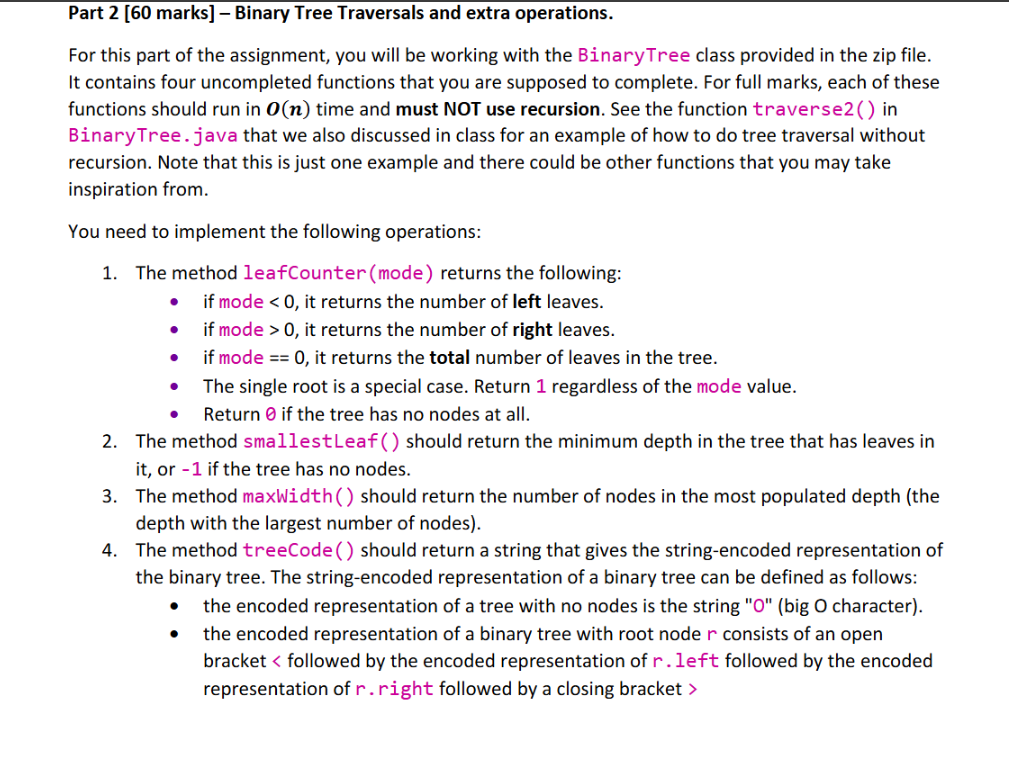 Solved Part 2 [60 ﻿marks] - ﻿Binary Tree Traversals and | Chegg.com