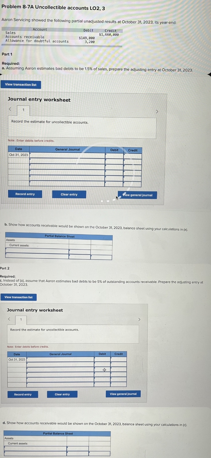Solved Problem 8-7A Uncollectible accounts LO2, 3Aaron | Chegg.com