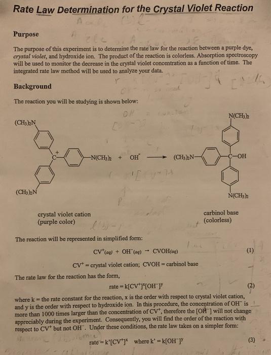 Rate Law Determination for the Crystal Violet | Chegg.com