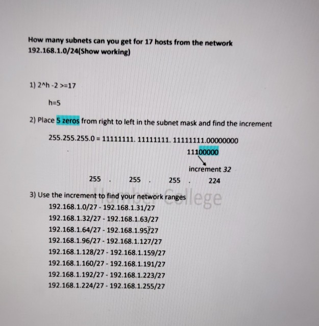 Solved 1) Subnet 192.168.3.0/25 into 7 subnetworks(show | Chegg.com