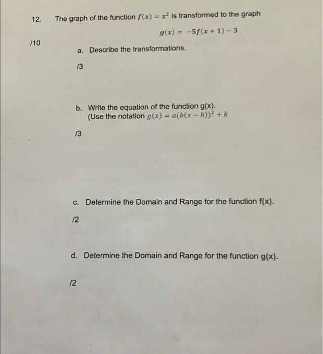 Solved 12. The graph of the function f(x)=x2 is transformed | Chegg.com