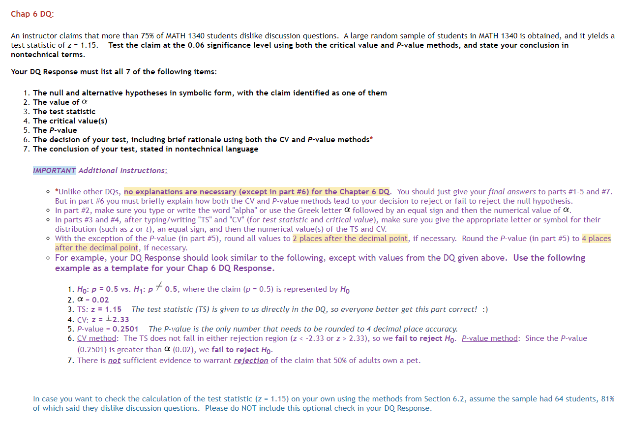 Solved An instructor claims that more than 75% ﻿of MATH 1340 | Chegg.com