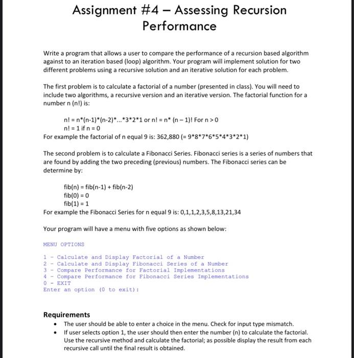 Solved Assignment 4 Assessing Recursion Performance Write 6792