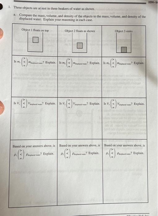 Solved 1. Three objects are at rest in three beakers of | Chegg.com
