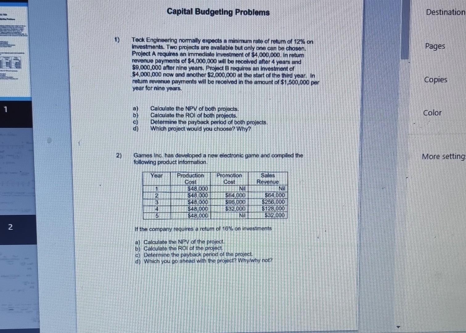 Solved Capital Budgeting Problems 1) Teck Engineering | Chegg.com